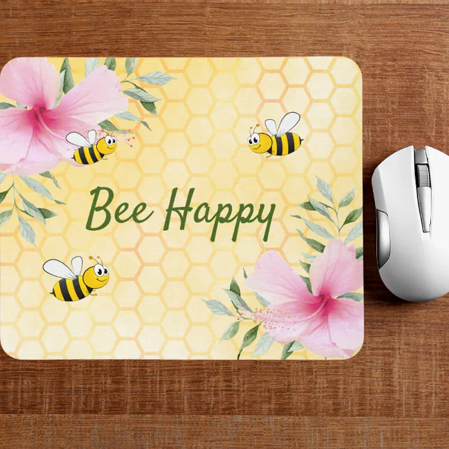 Bee Happy bumble bees yellow honeycomb floral Mouse Pad | Zazzle