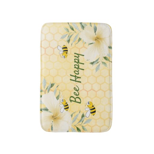 Bee Happy bumble bees yellow honeycomb sweet Bath Mat | Zazzle