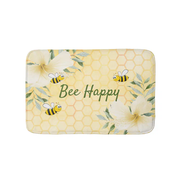 Bee Happy bumble bees yellow honeycomb sweet Bath Mat | Zazzle
