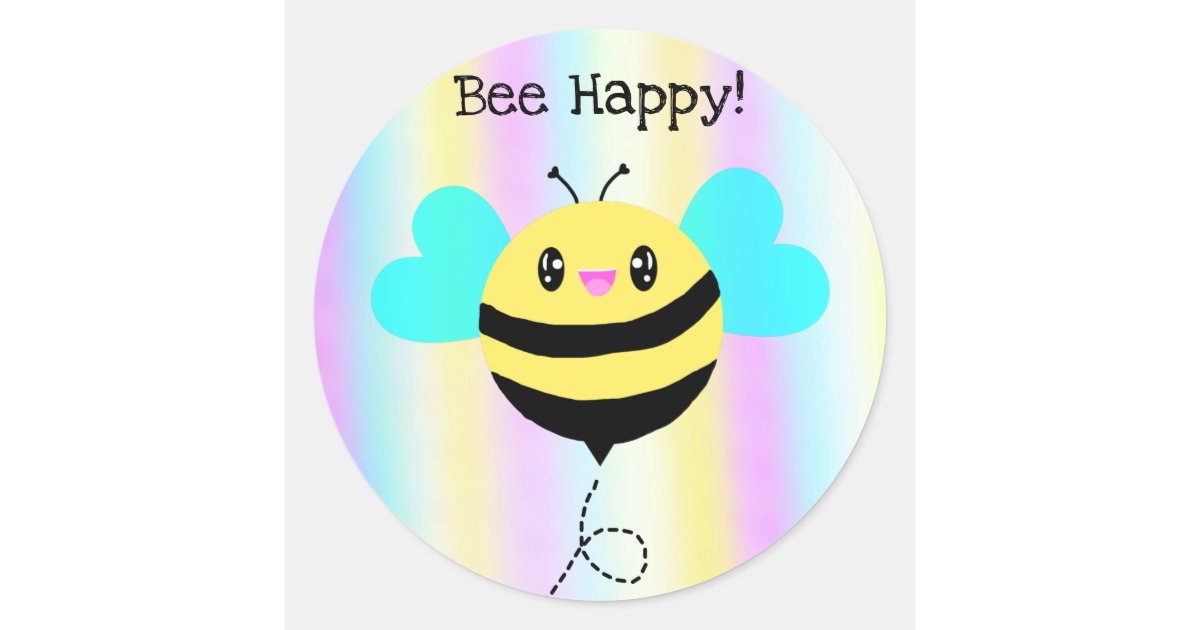 Bee Happy! Cute Kawaii Pastel Rainbow Stripes Classic Round Sticker ...