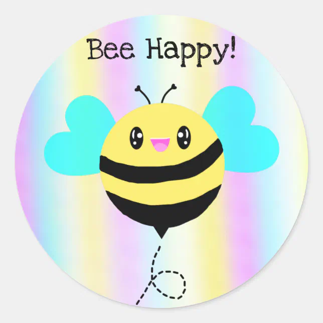 Bee Happy! Cute Kawaii Pastel Rainbow Stripes Classic Round Sticker ...