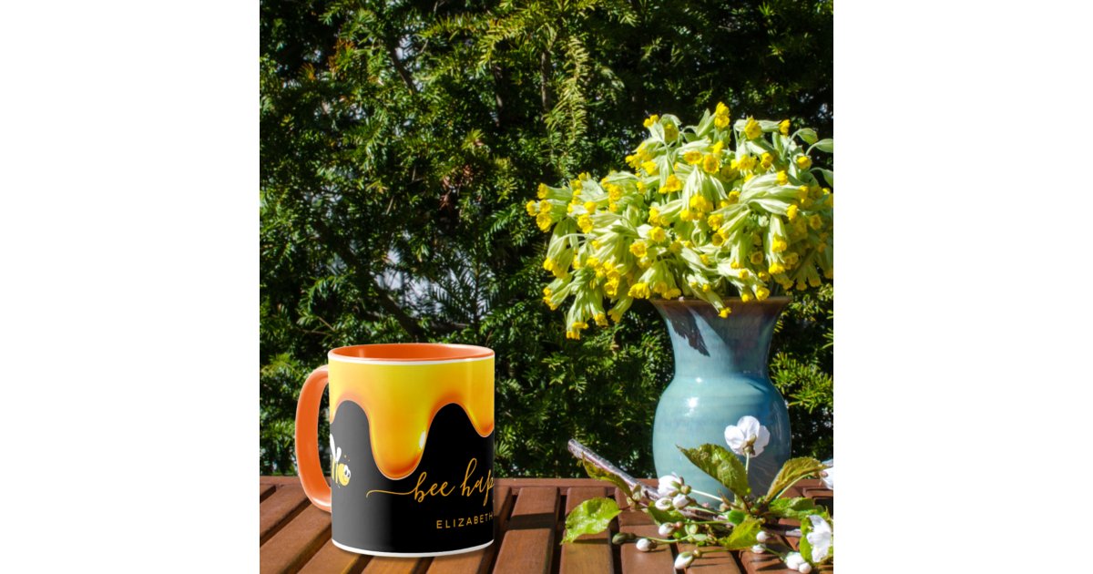 Bee Happy cute yellow bees dripping honey black Mug | Zazzle
