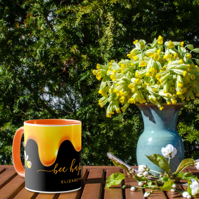 Bee Happy cute yellow bees dripping honey black Mug | Zazzle