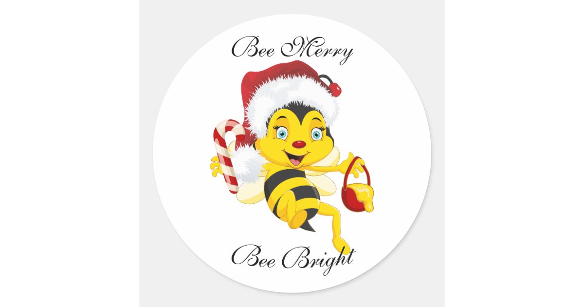Bee Merry Christmas Cartoon Classic Round Sticker | Zazzle