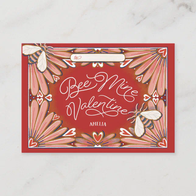 Bee Mine Flowers Pink Red Classroom Valentine Enclosure Card | Zazzle