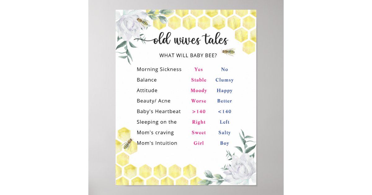 Bee Old Wives Tales Gender Reveal Board Poster | Zazzle