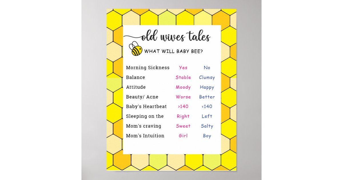 Bee Old Wives Tales Gender Reveal Board Poster | Zazzle