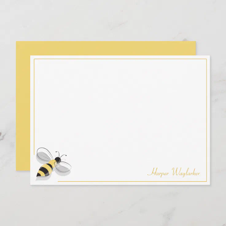 Bee Simple Border Yellow Name Note Card | Zazzle