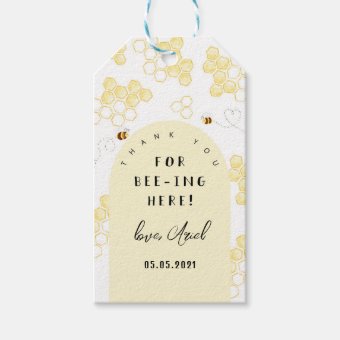 Bee thank you for beeing here gift tags | Zazzle
