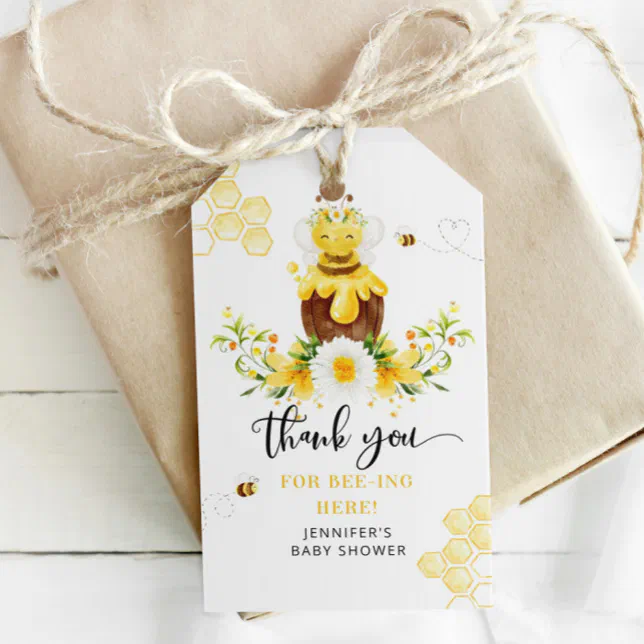 Bee thank you for beeing here gift tags | Zazzle