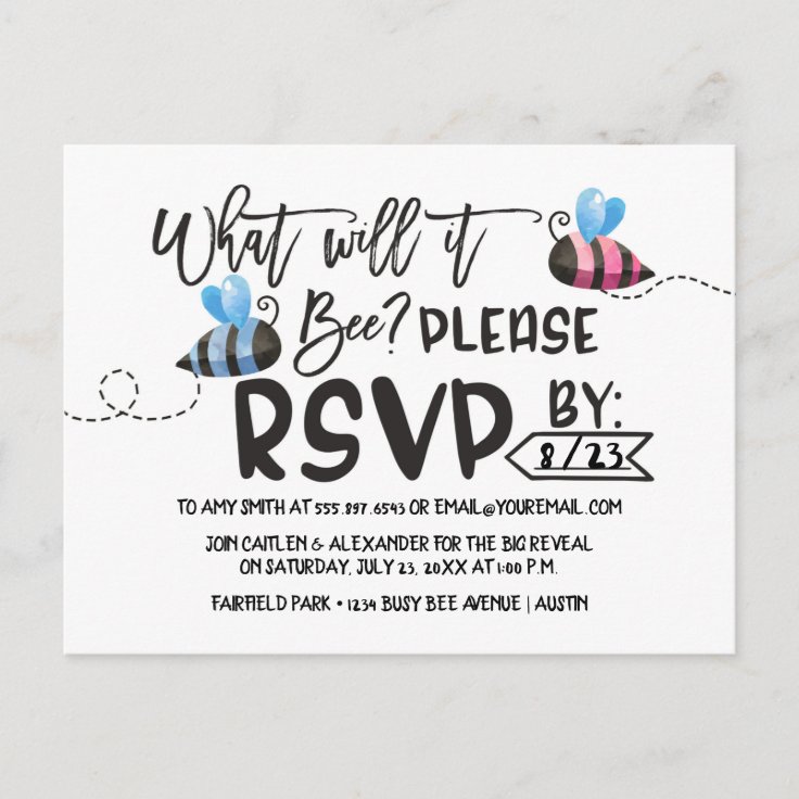 Bee Theme Gender Reveal Postcard Invitation | Zazzle