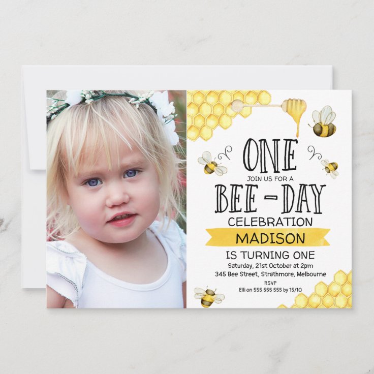 Bee Themed Photo Bee-Day First Birthday Invitation | Zazzle