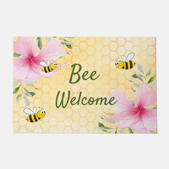 Bee Welcome bumble bees yellow honeycomb Doormat | Zazzle