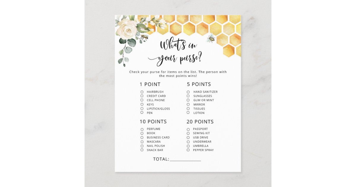 Bee What's in your purse baby shower game | Zazzle