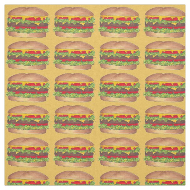 Funny Cheeseburger on Red Food Pattern Fabric | Zazzle