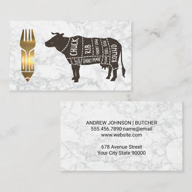 Beef Diagram | Gold Metallic Utensils Business Card | Zazzle