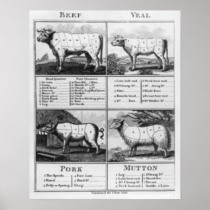 Beef, Veal, Pork, and Mutton Cuts, 1802 Poster | Zazzle.com