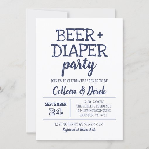 Beer & Diaper Party Invitation | Navy & White | Zazzle