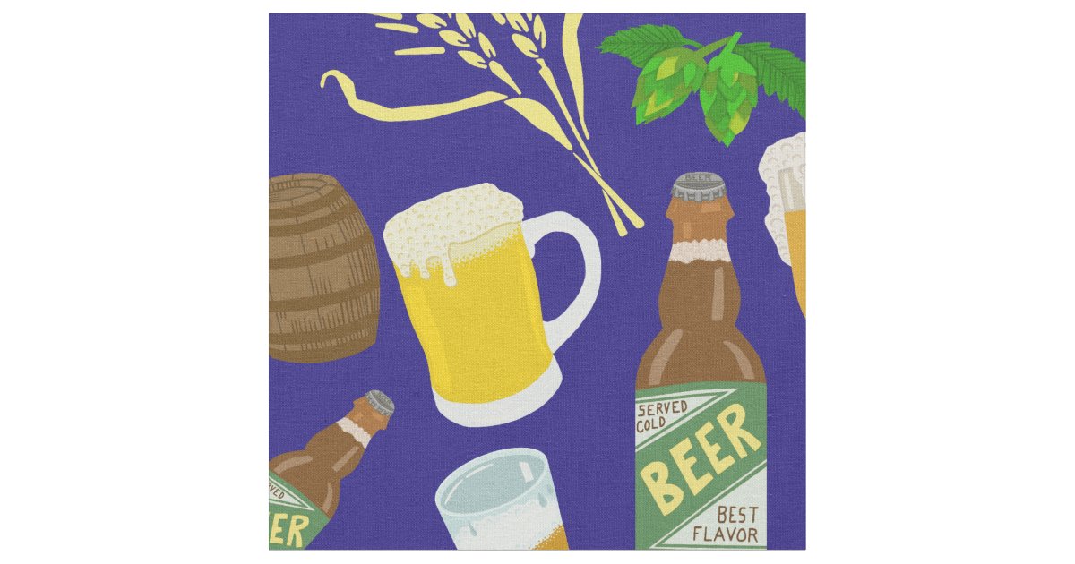 Beer Glass Bottle Hops and Barley Pattern Blue Fabric | Zazzle
