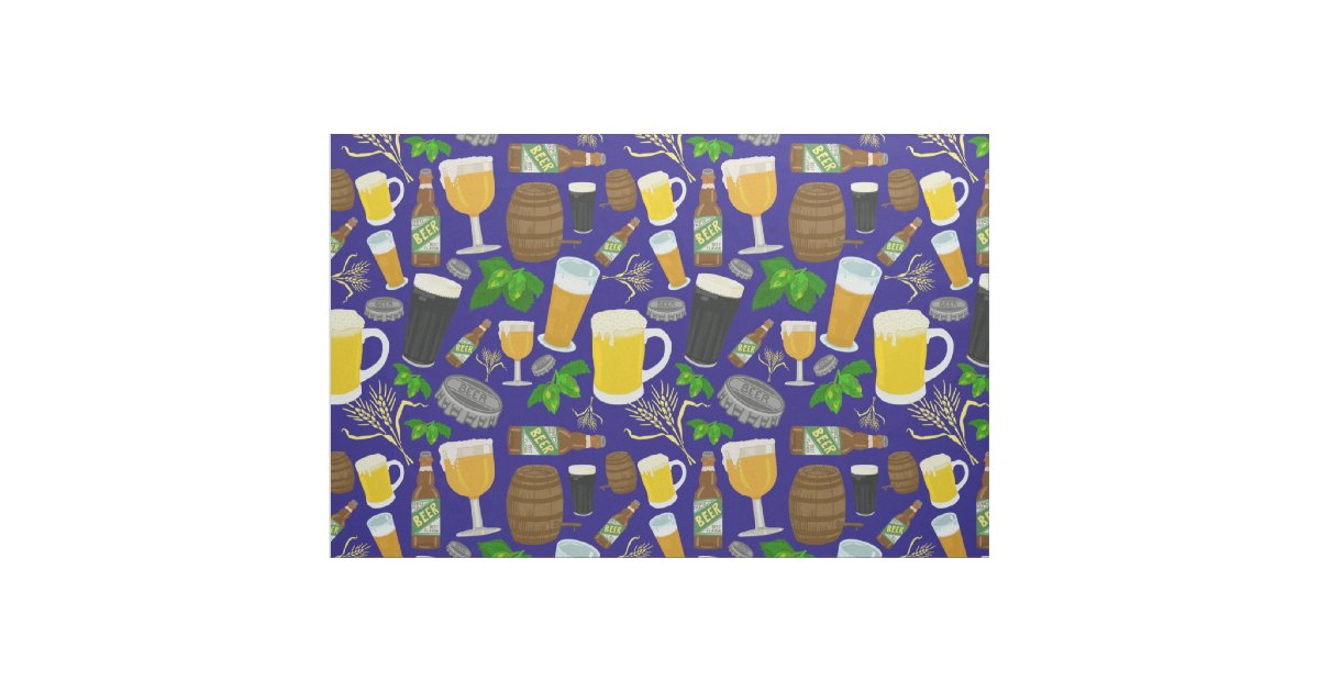 Beer Glass Bottle Hops and Barley Pattern Blue Fabric | Zazzle