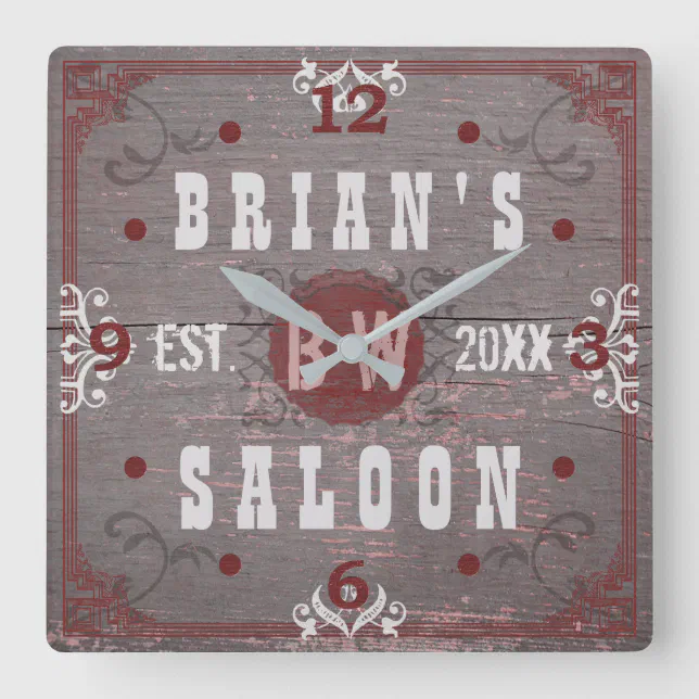 Beer Saloon Home Bar Red Gray Personalized Square Wall Clock | Zazzle