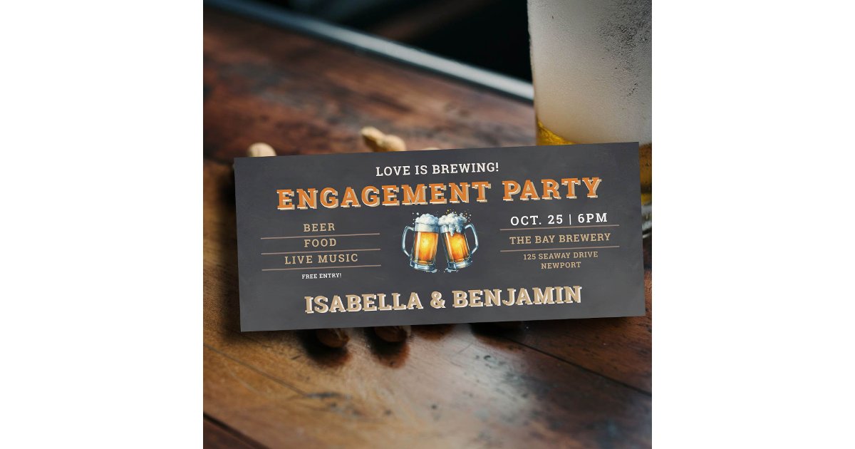 Beer Themed Brewery Black Ticket Engagement Party Invitation | Zazzle