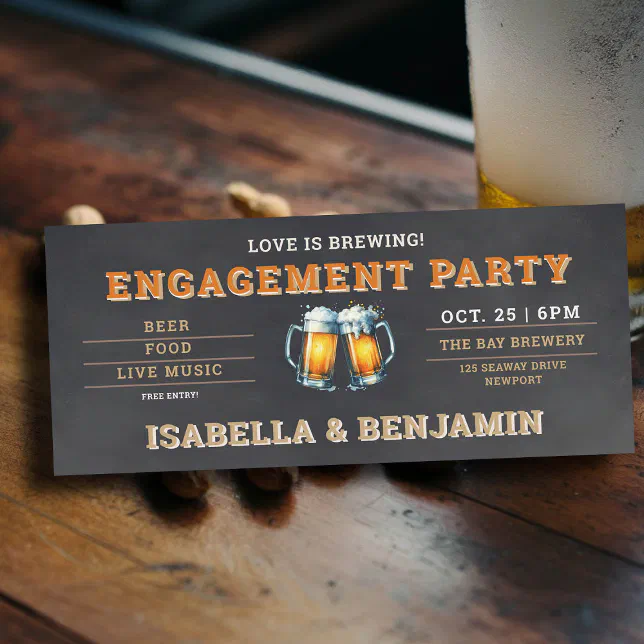 Beer Themed Brewery Black Ticket Engagement Party Invitation | Zazzle