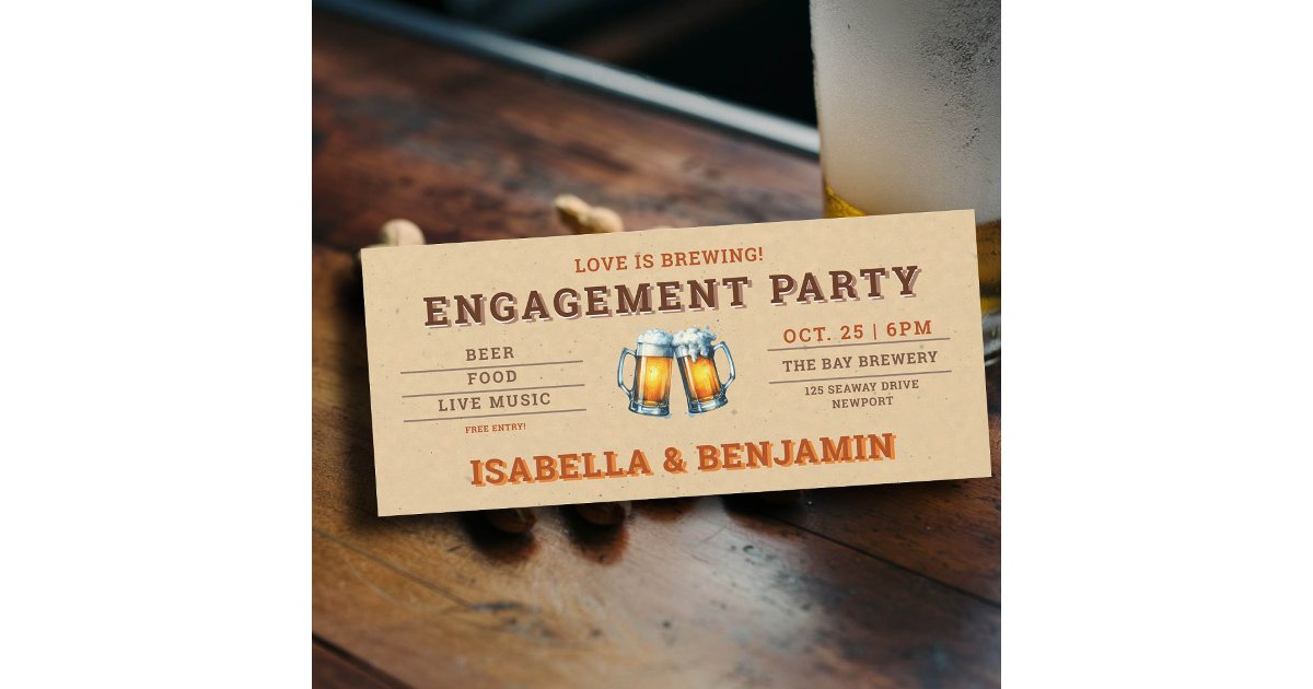 Beer Themed Brewery Ticket Couple Engagement Party Invitation | Zazzle