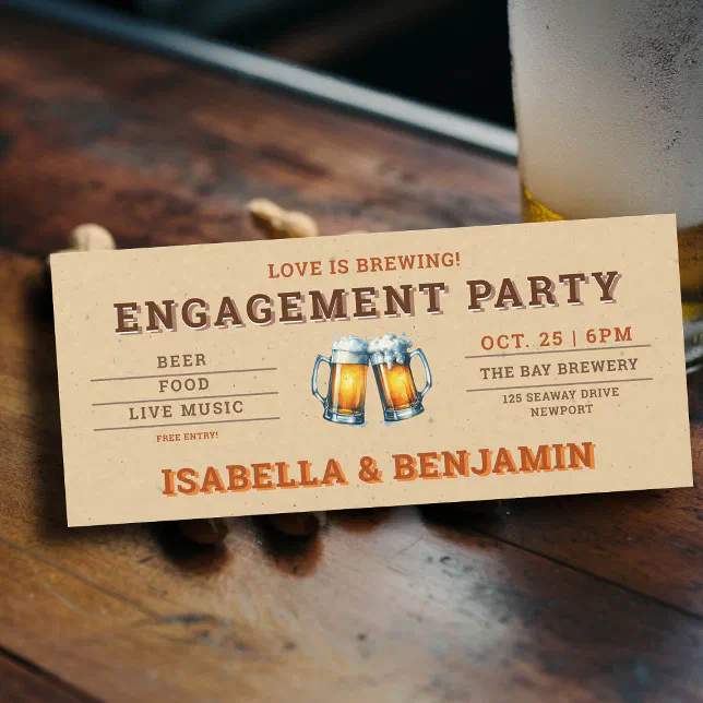 Beer Themed Brewery Ticket Couple Engagement Party Invitation | Zazzle