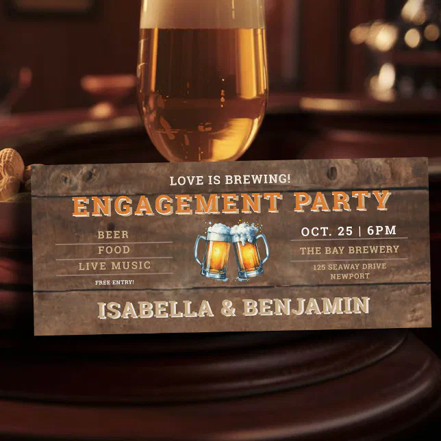 Beer Themed Brewery Wood Ticket Engagement Party Invitation | Zazzle