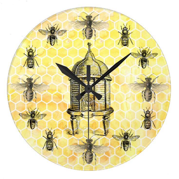 Bees and Antique Beehive on Honeycomb Clock | Zazzle