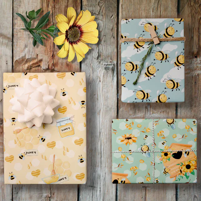 Bees and Honey Cute Wrapping Paper Sheets Set of 3 | Zazzle