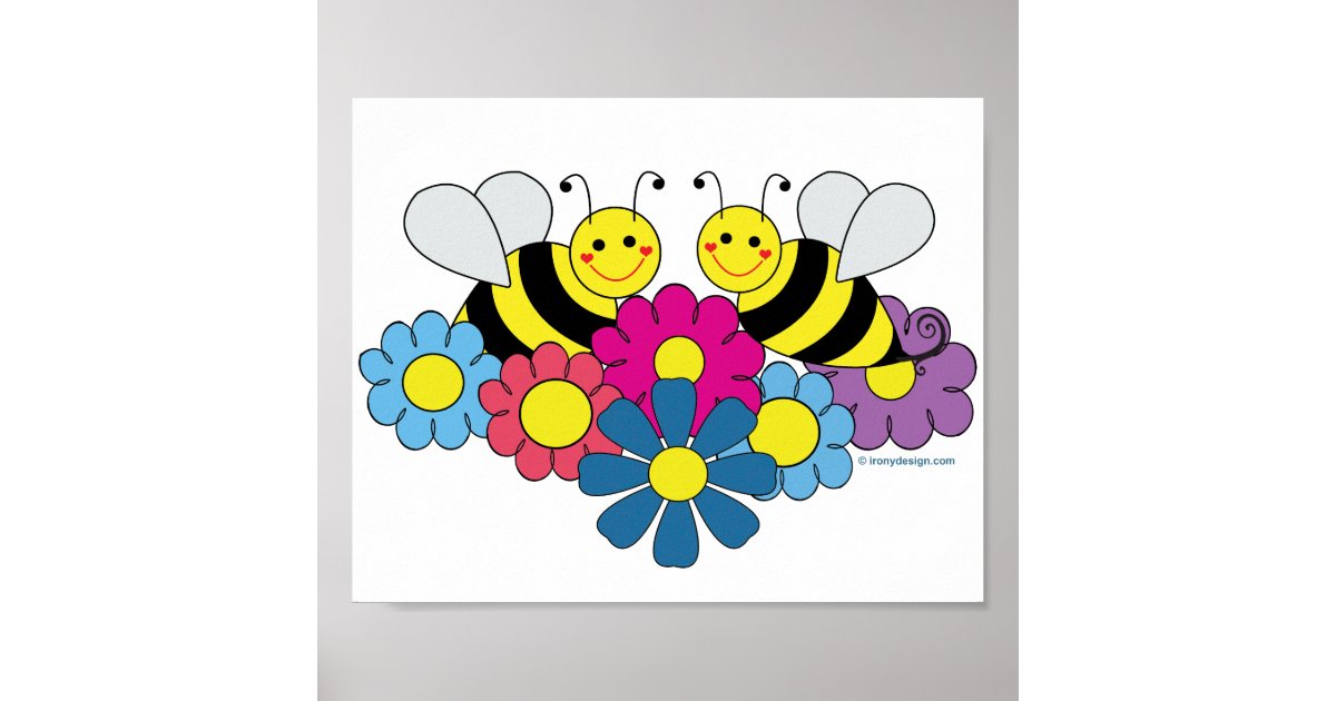 Bees & Flowers Design Illustration Poster | Zazzle