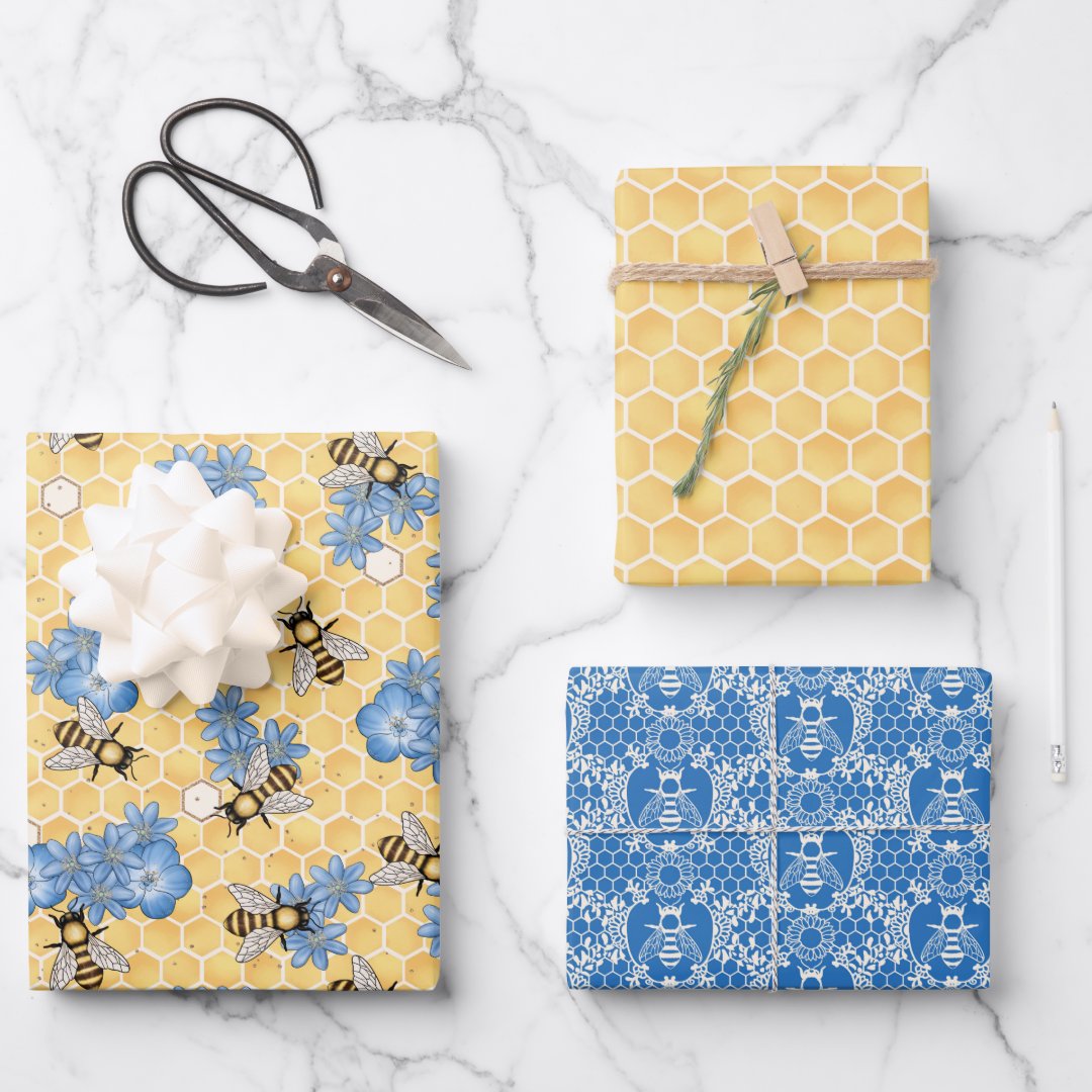 Bees Honey Honeycomb Wrapping Paper Set of 3 | Zazzle