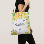 Bees honey yellow florals monogram name tote bag | Zazzle