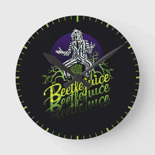 Beetlejuice | Sitting on a Tombstone Round Clock | Zazzle