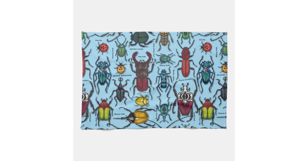 Beetles on blue kitchen towel | Zazzle
