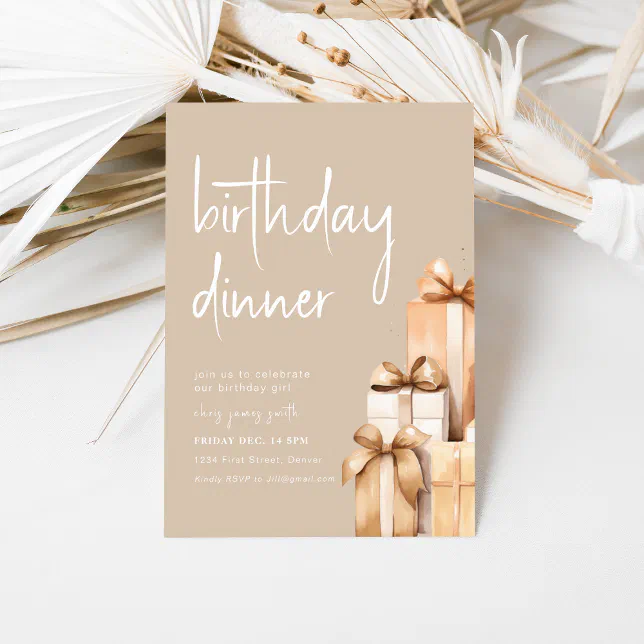 Beige Birthday Dinner with Presents Invitation | Zazzle