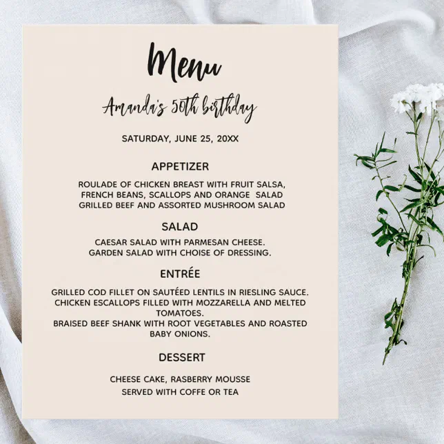 Beige birthday party menu | Zazzle
