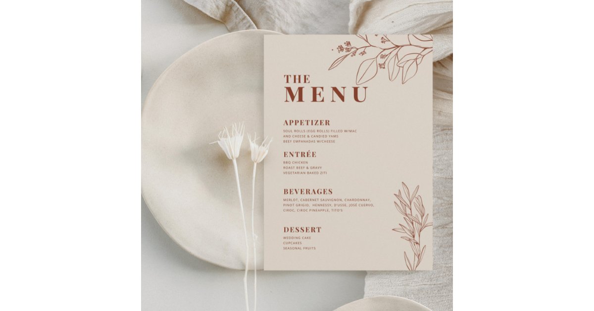 Beige Boho Wedding Menu with floral artwork | Zazzle