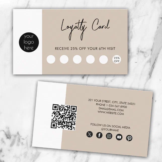 Beige Business Logo QR Code Loyalty Business Card | Zazzle