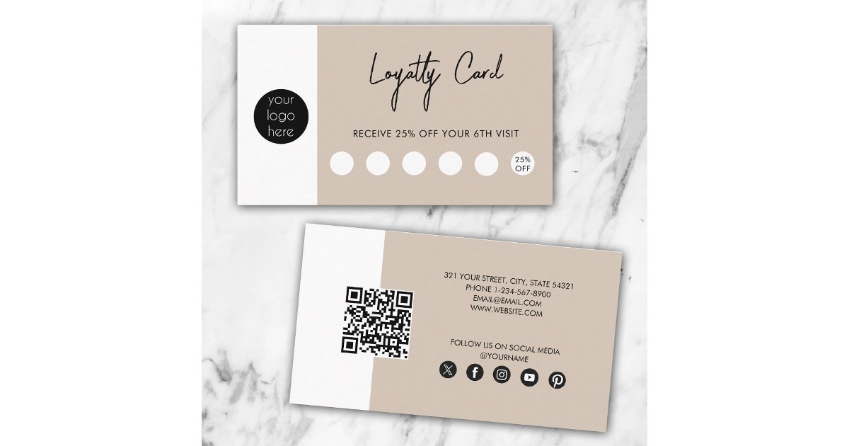 Beige Business Logo QR Code Loyalty Business Card | Zazzle