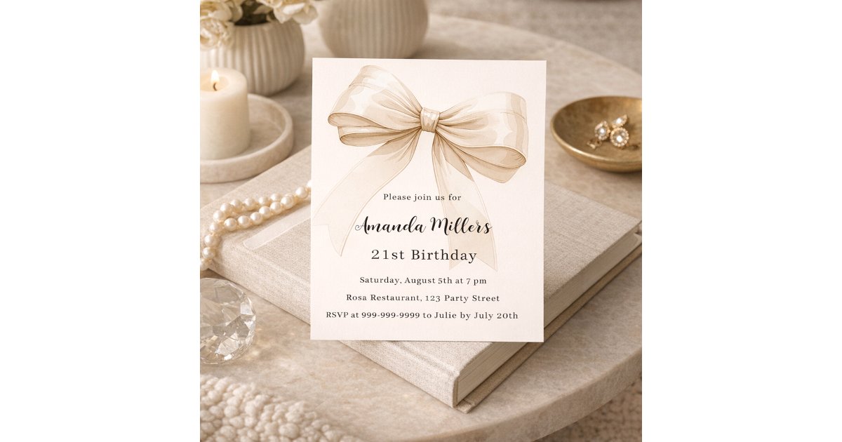 Beige cream bow elegant birthday invitation | Zazzle
