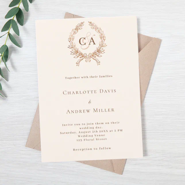 Beige crest monogram minimalist luxury wedding invitation | Zazzle