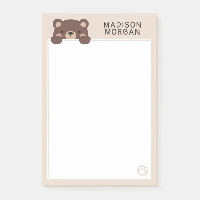 Beige Cute Bear & Paws Add Your Name Post-it Notes | Zazzle