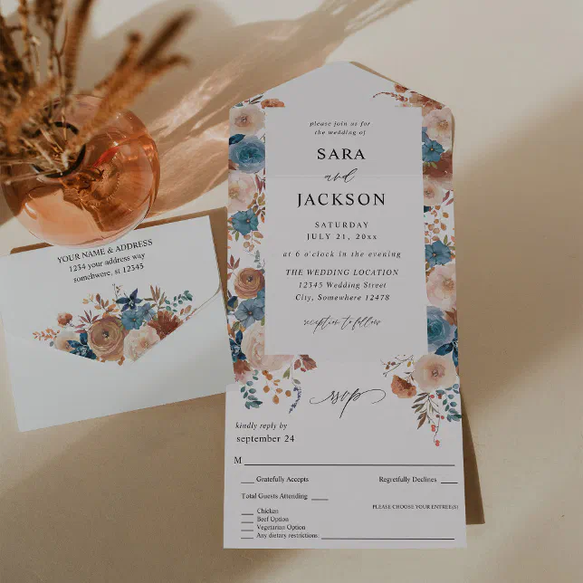 Beige & Dusty Blue Floral Wedding All In One Invitation | Zazzle