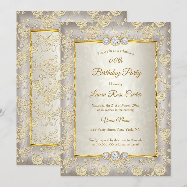 Beige floral Damask rose Gold Birthday Party Invitation | Zazzle