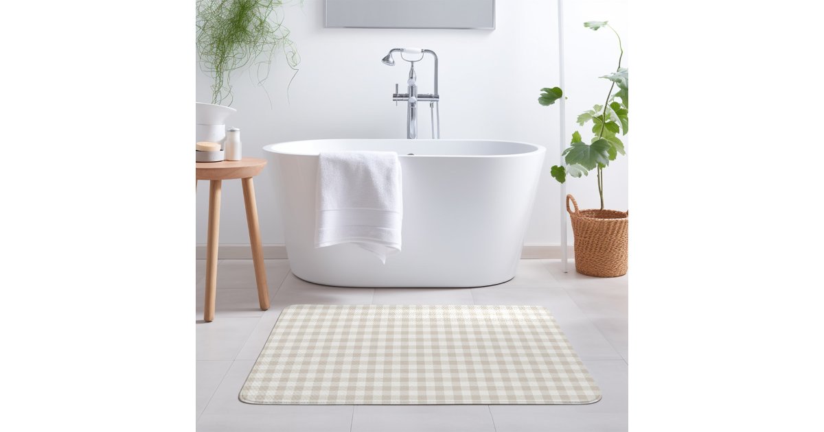 Beige Gingham | Farmhouse Bathroom Decor Bath Mat | Zazzle