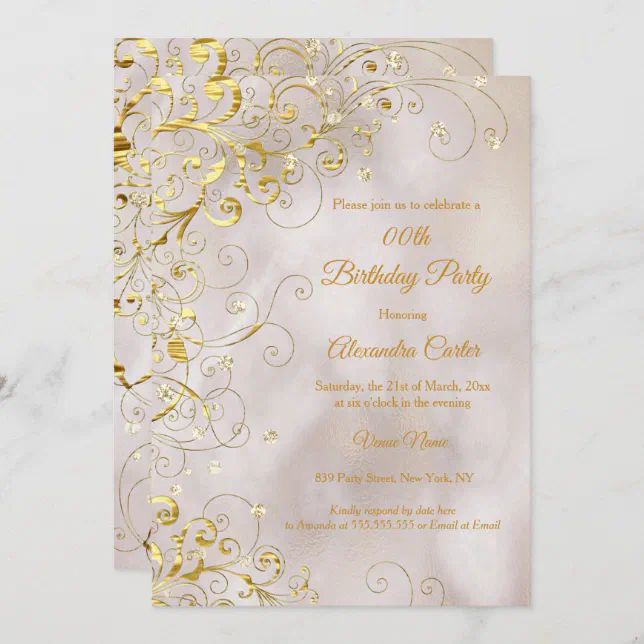 Beige Gold Swirl Glitter Birthday Party Invitation | Zazzle