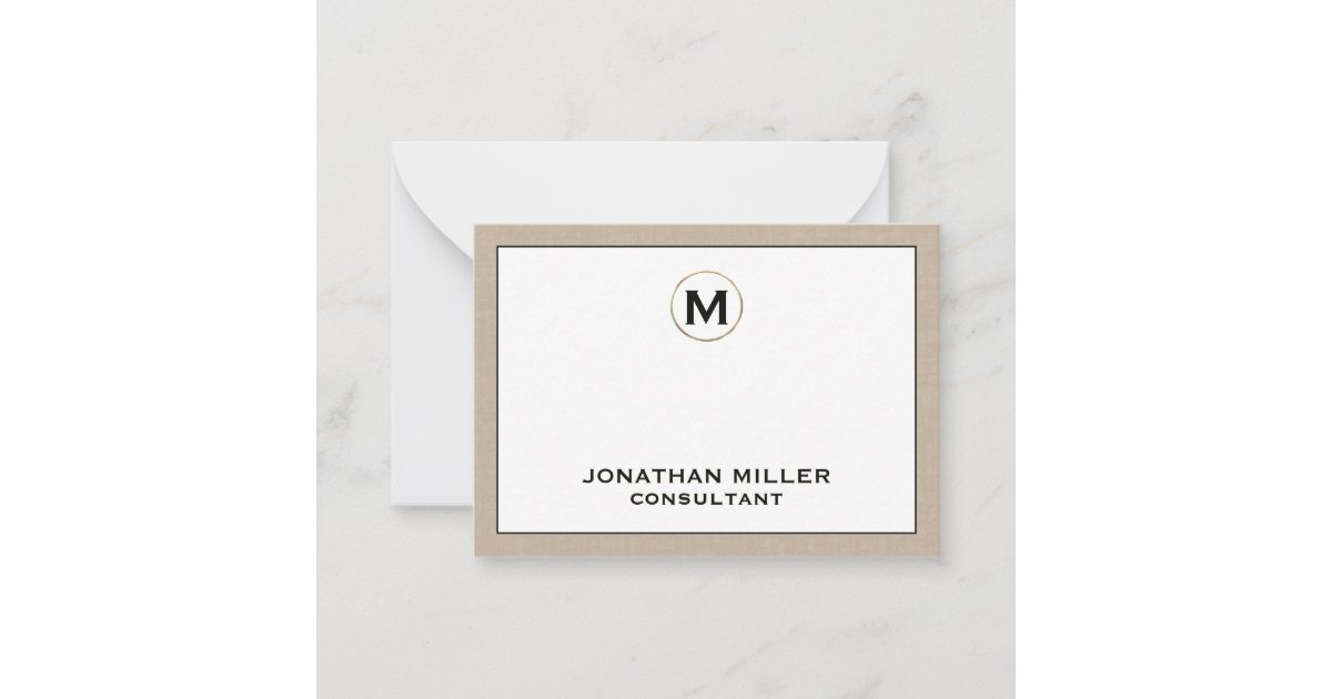 Beige Linen Gold Initial Monogram Note Card | Zazzle